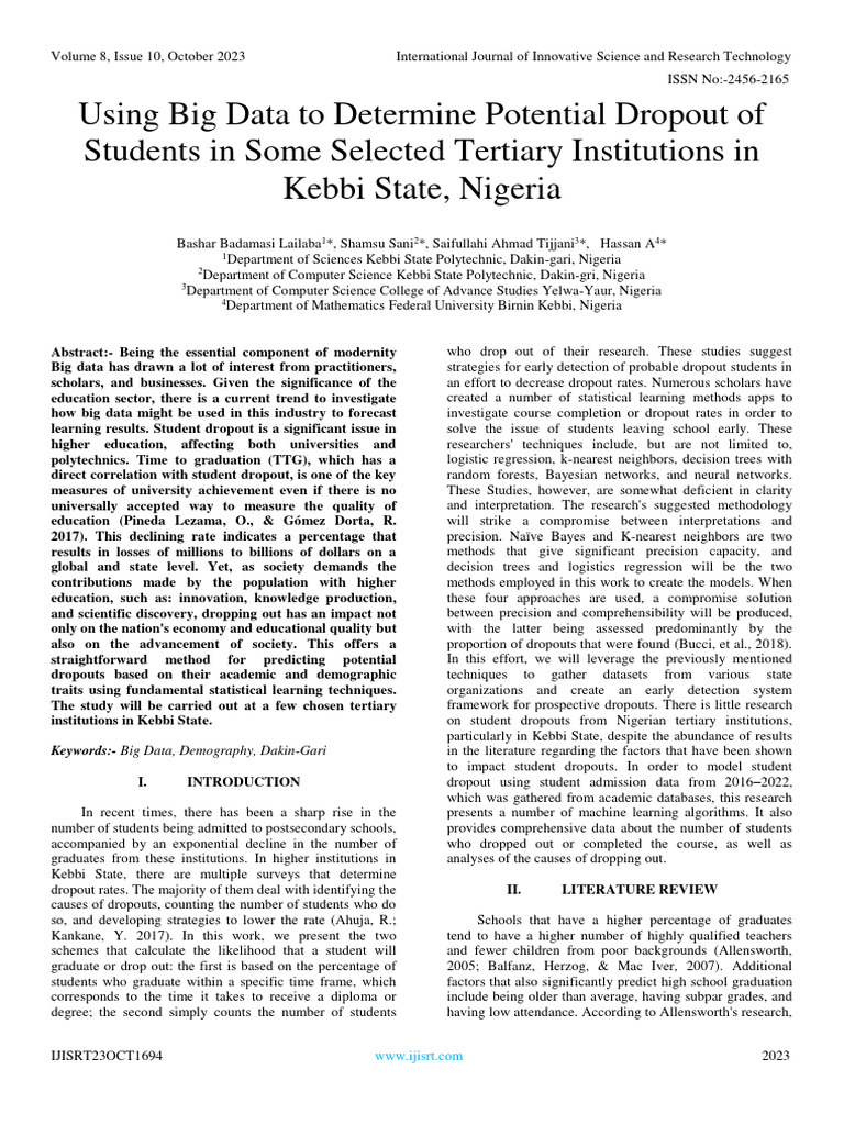 Using Big Data To Determine Potential Dropout of Students in Some ... Using Big Data To Determine Potential Dropout of Students in Some ...