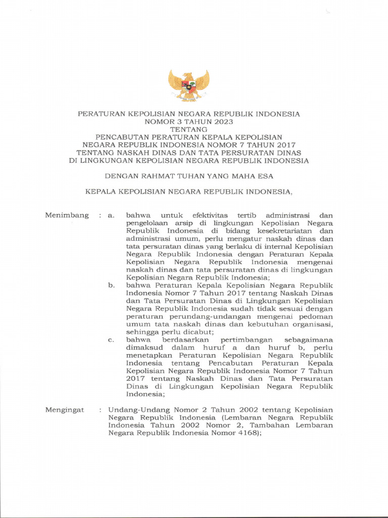 Perpol Nomor 3 THN 2023 TTG Pencabutan Perkap 7 THN 2017 - Dicap | PDF Perpol Nomor 3 THN 2023 TTG Pencabutan Perkap 7 THN 2017 - Dicap | PDF