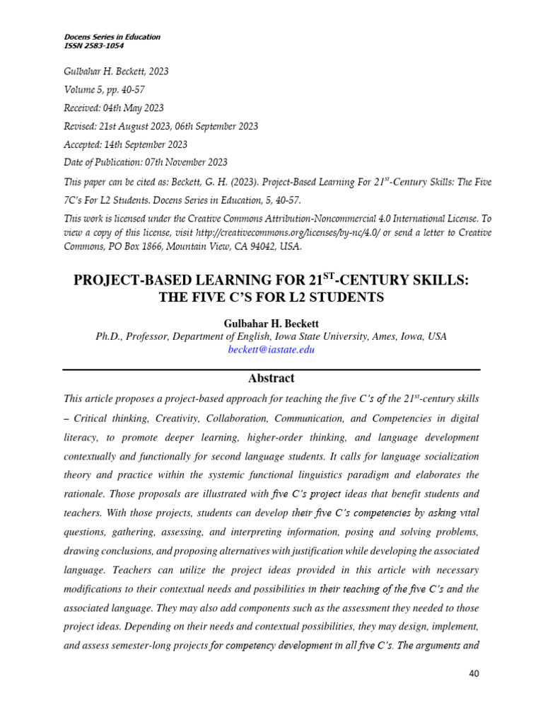 Project-Based Learning For 21st-Century Skills: The Five C'S For L2 ...