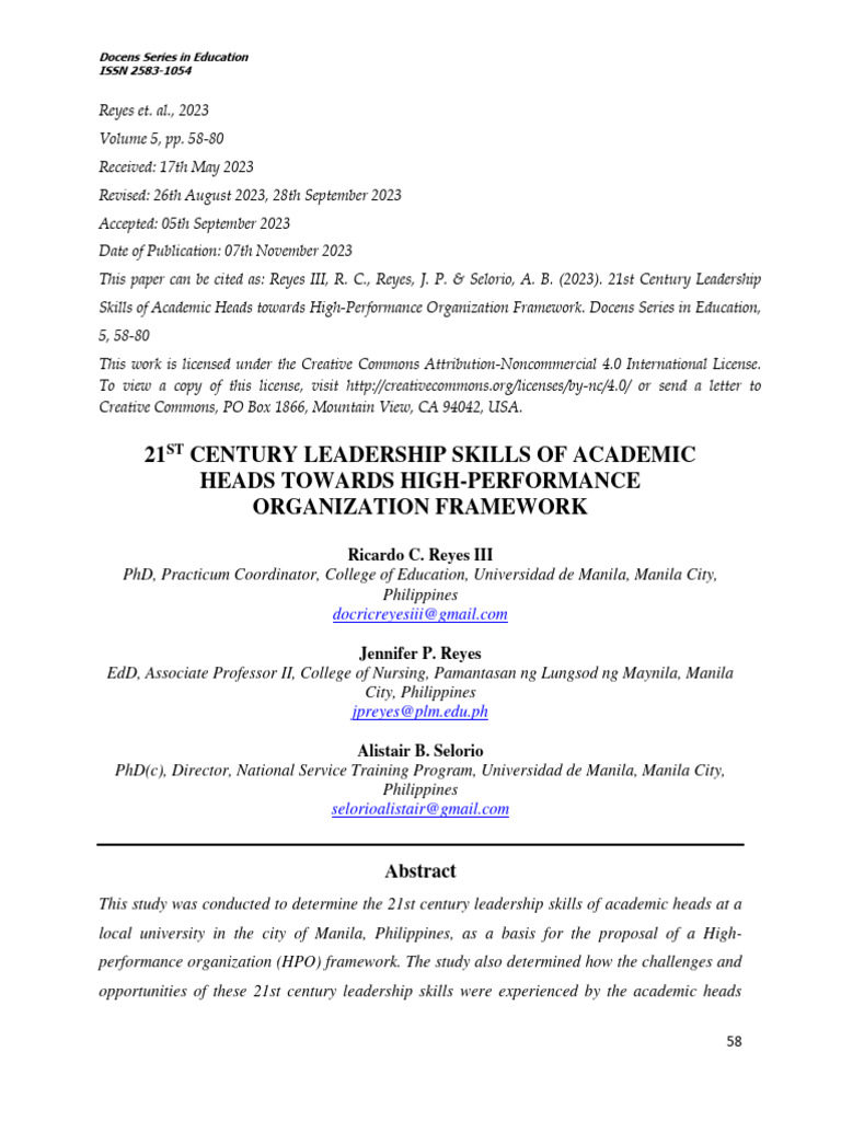 21ST Century Leadership Skills of Academic Heads Towards High-Performance Organization Framework ...