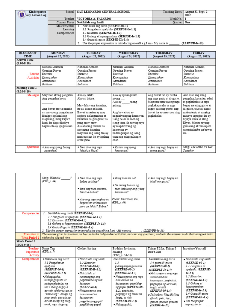 Kindergarten DLL MELC Q1 Week 1 Asf | PDF