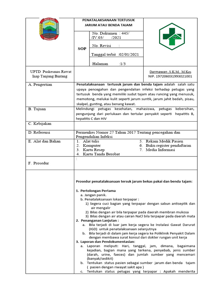 Penatalaksanaan Tertusuk Jarum Atau Benda Tajam | PDF Penatalaksanaan Tertusuk Jarum Atau Benda Tajam | PDF