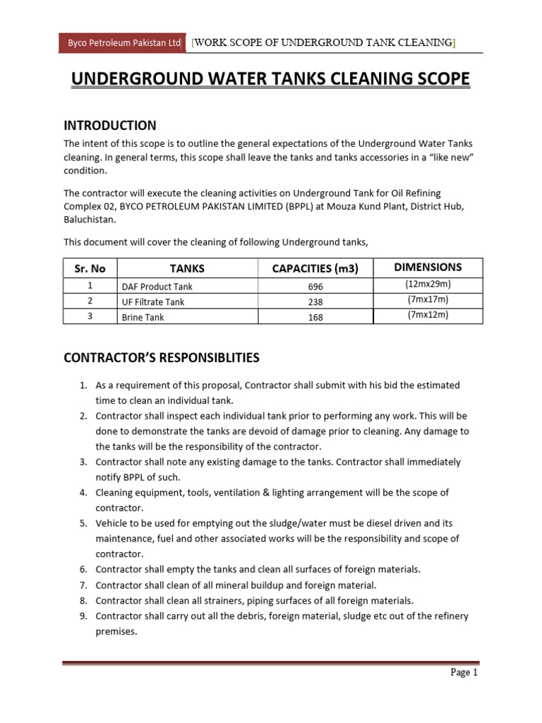 Underground Water Tanks Cleaning Scope | PDF | Personal Protective ...