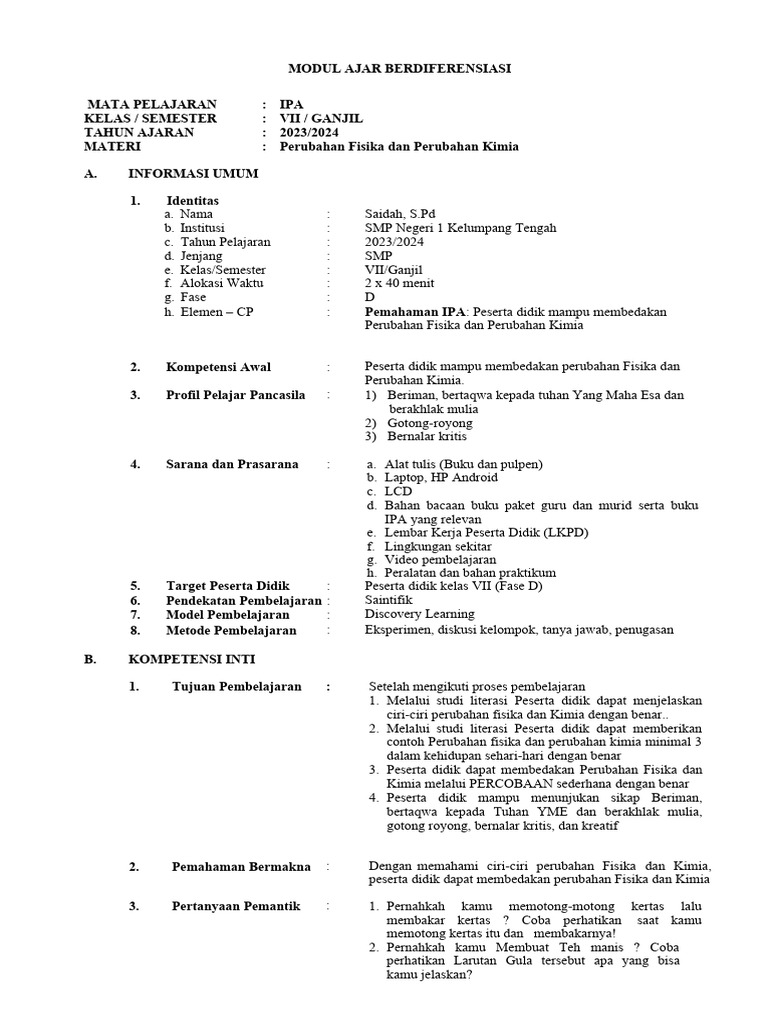 Modul Ajar Perubahan Fisika Dan Kimia Berdiferensiasi | PDF
