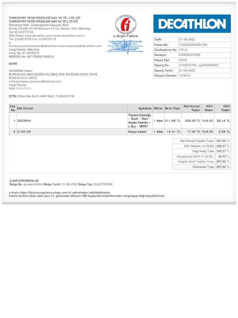 Decathlon Fatura-Aynalı Gözlük | PDF