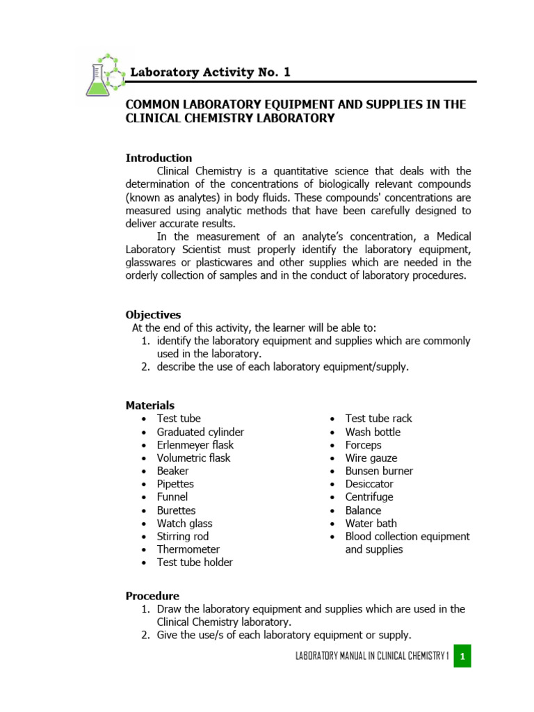 Common Lab Equipment and Supplies in The Clinical Chemistry Lab | PDF