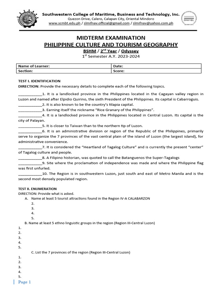 Midterm Exam Phil Culture & Tourism Geography | PDF | Philippines | Luzon Midterm Exam Phil Culture & Tourism Geography | PDF | Philippines | Luzon