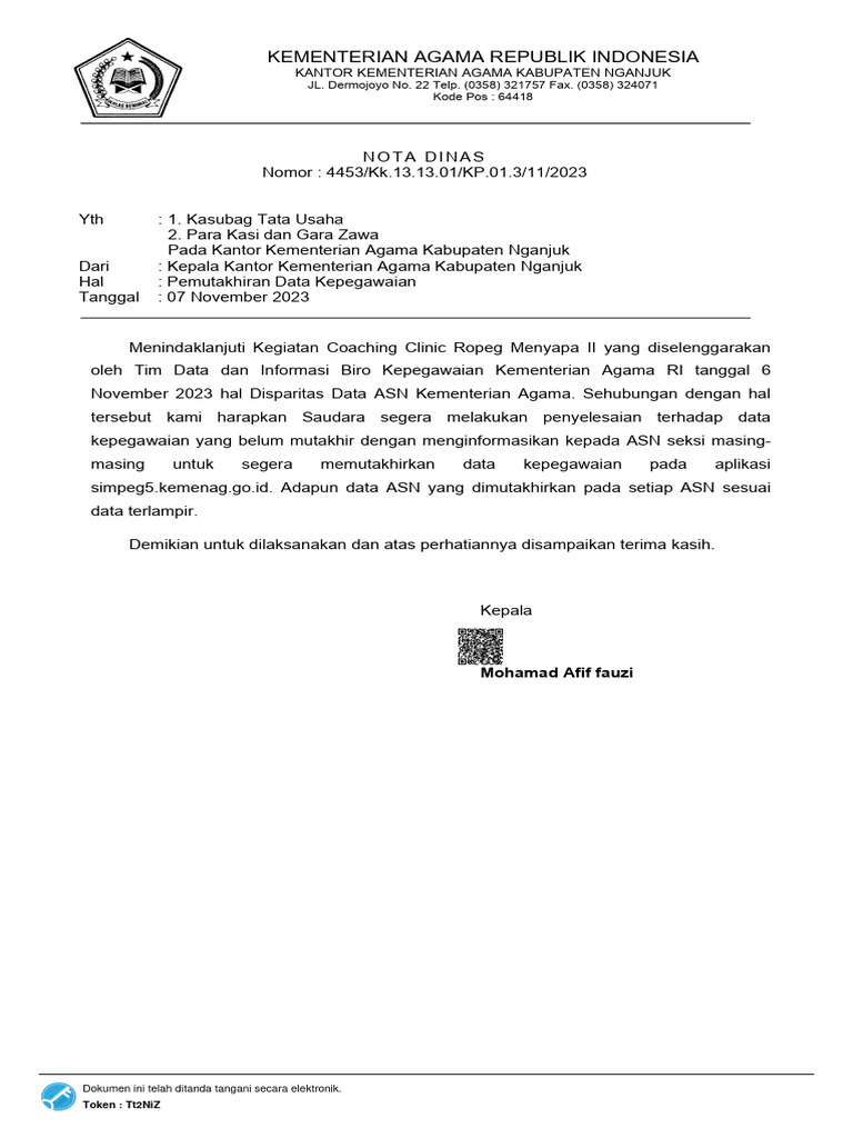 Nota Dinas Pemutakhiran Data Kepegawaian 2023 | PDF