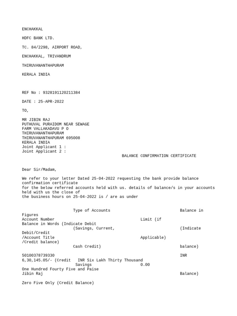 Jibin Balance Certificate HDFC | PDF | Law