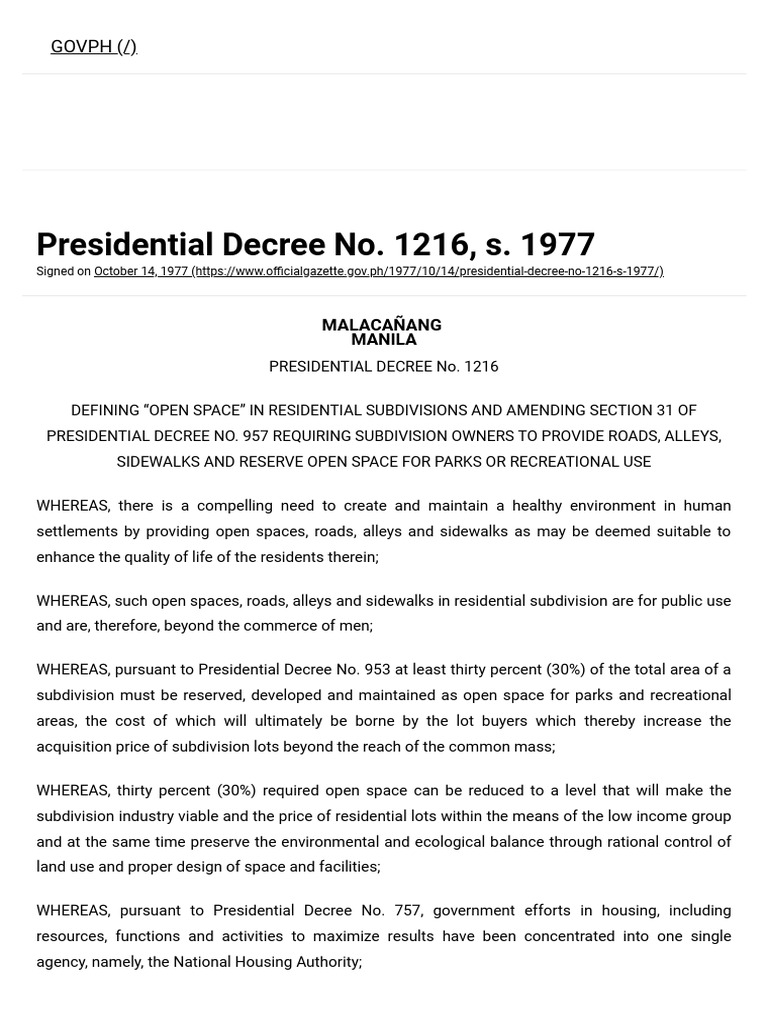 Presidential Decree No. 1216, S. 1977 | PDF | President Of The ...