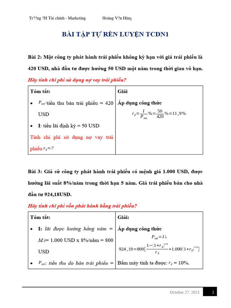BÀI TẬP TỰ RÈN LUYỆN TCDN1 | PDF