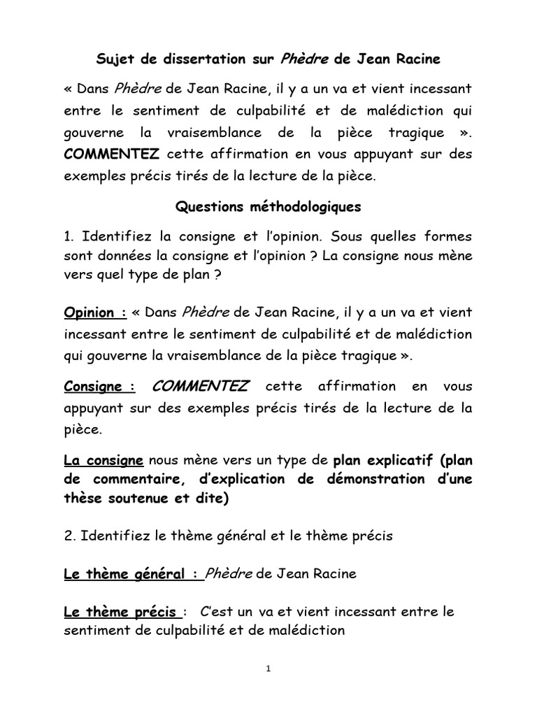 Méthodologie de La Dissertation Et Dissertation Corrigée Sur Phèdre ...