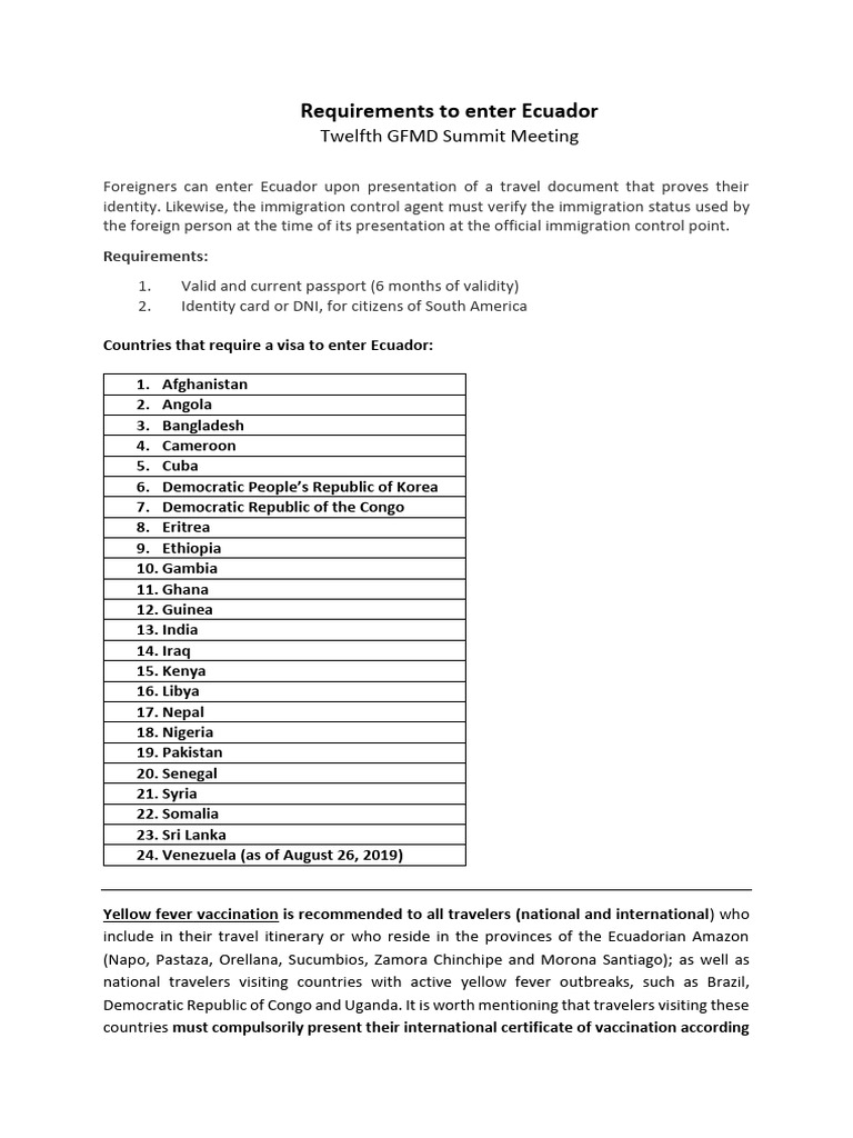 Requirements To Enter Ecuador - Quito GFMD Summit | PDF | Travel Visa ...