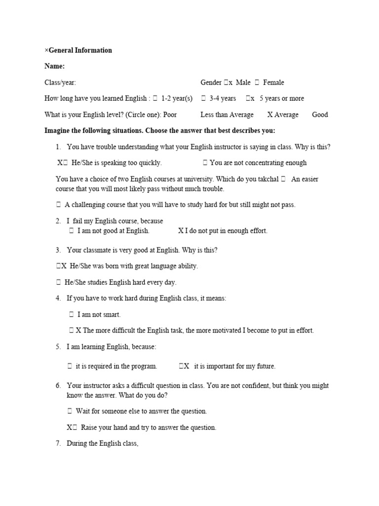 English Learning Self-Assessment Survey | PDF | English Language | Mindset