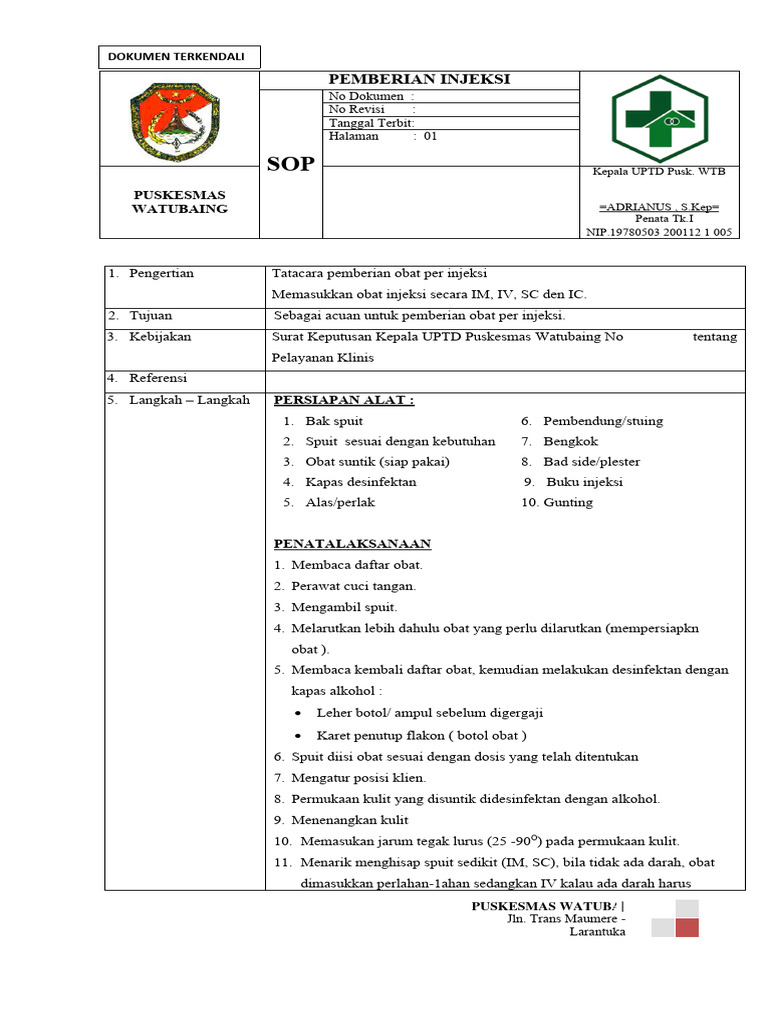 SOP Pemberian Obat Injeksi di Puskesmas | PDF