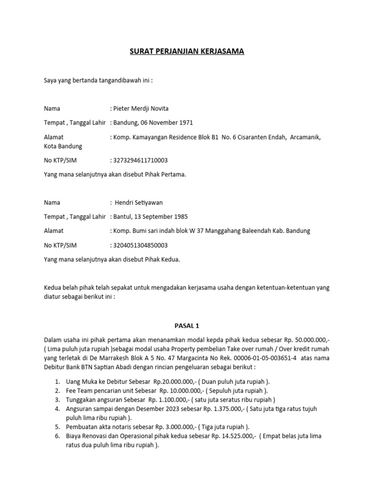 Surat Perjanjian Kerjasama | PDF | Pengelolaan Keuangan & Uang | Hukum