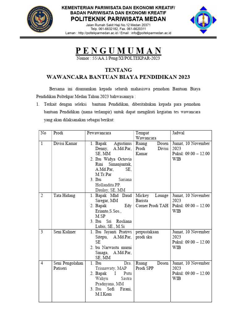 Pengumuman ADAK 55 (Wawancara BBP 2023) | PDF