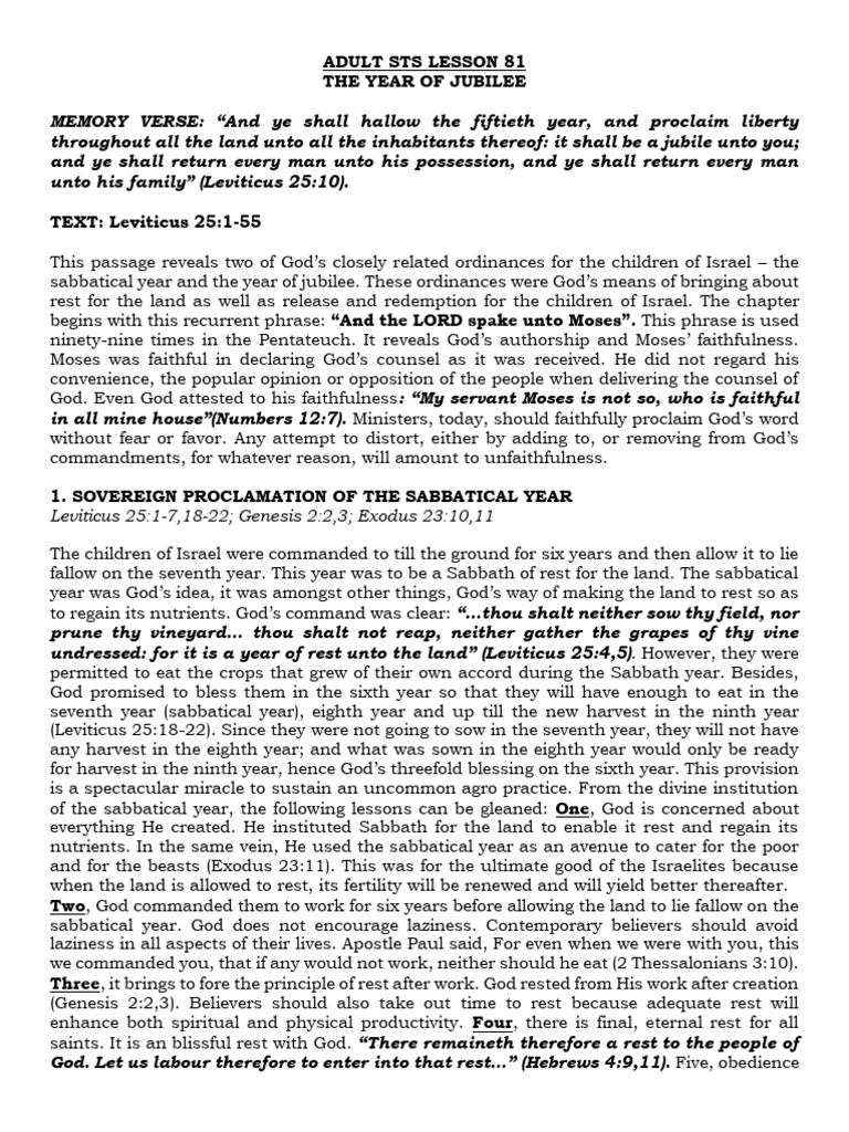 Adult Sts Lesson 81 - The Year of Jubilee | PDF | Torah | Religious Belief And Doctrine