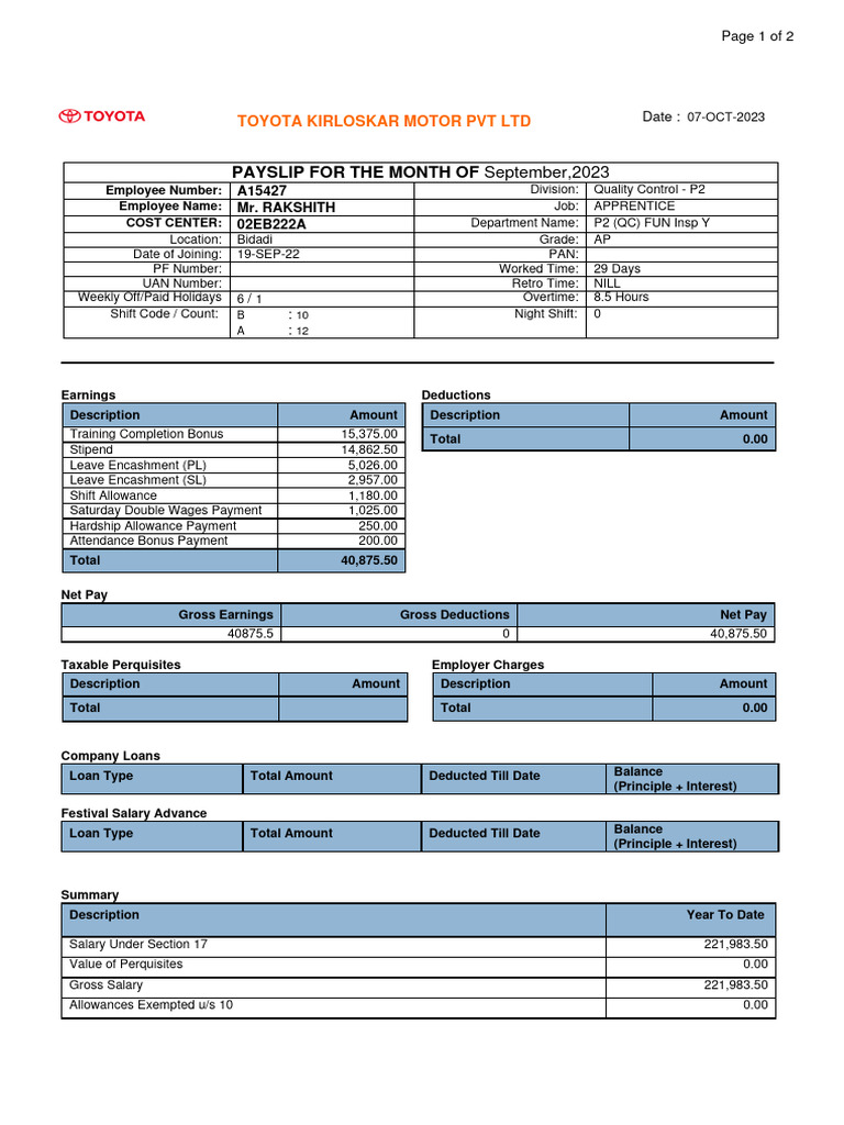 PAYSLIP FOR THE MONTH OF September, 2023: Toyota Kirloskar Motor PVT ...