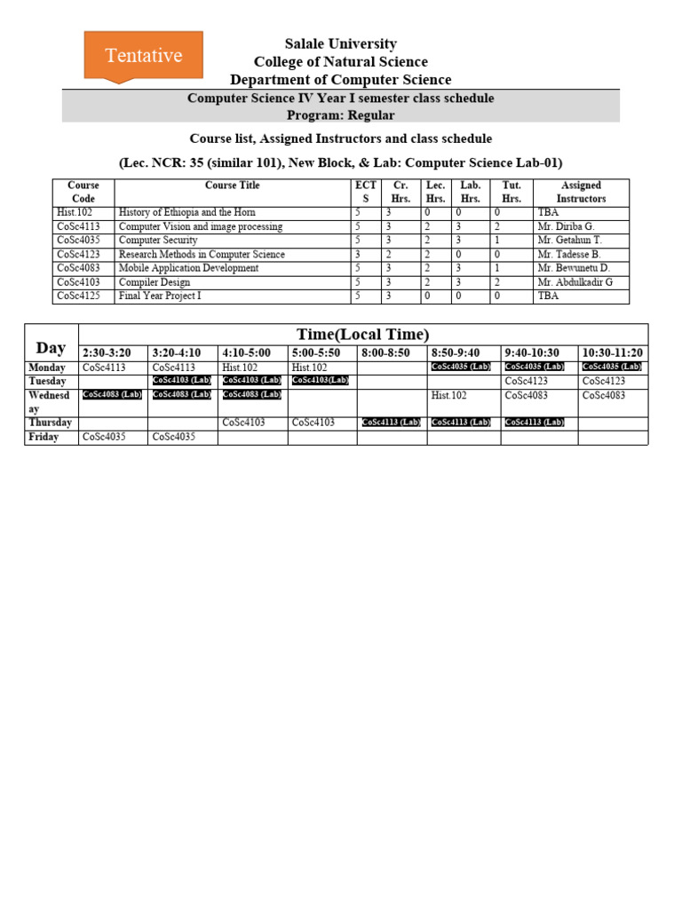 4th year CS I semester schedule | PDF | Science | Computer Science