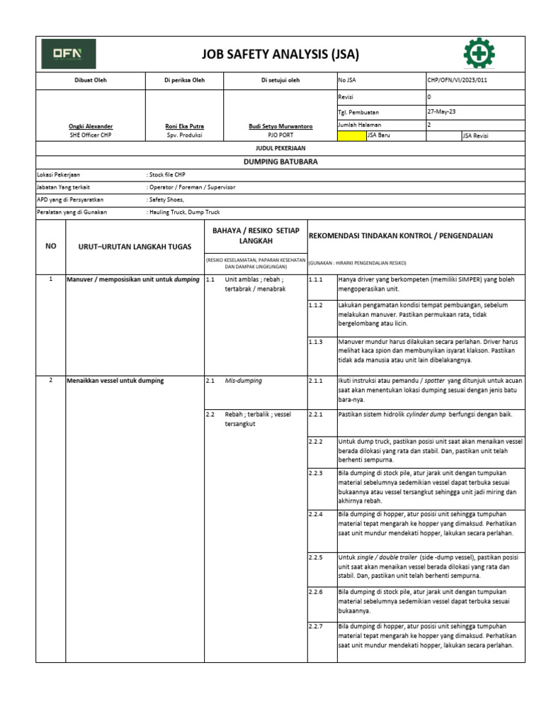 Prosedur JSA Dumping Batubara | PDF