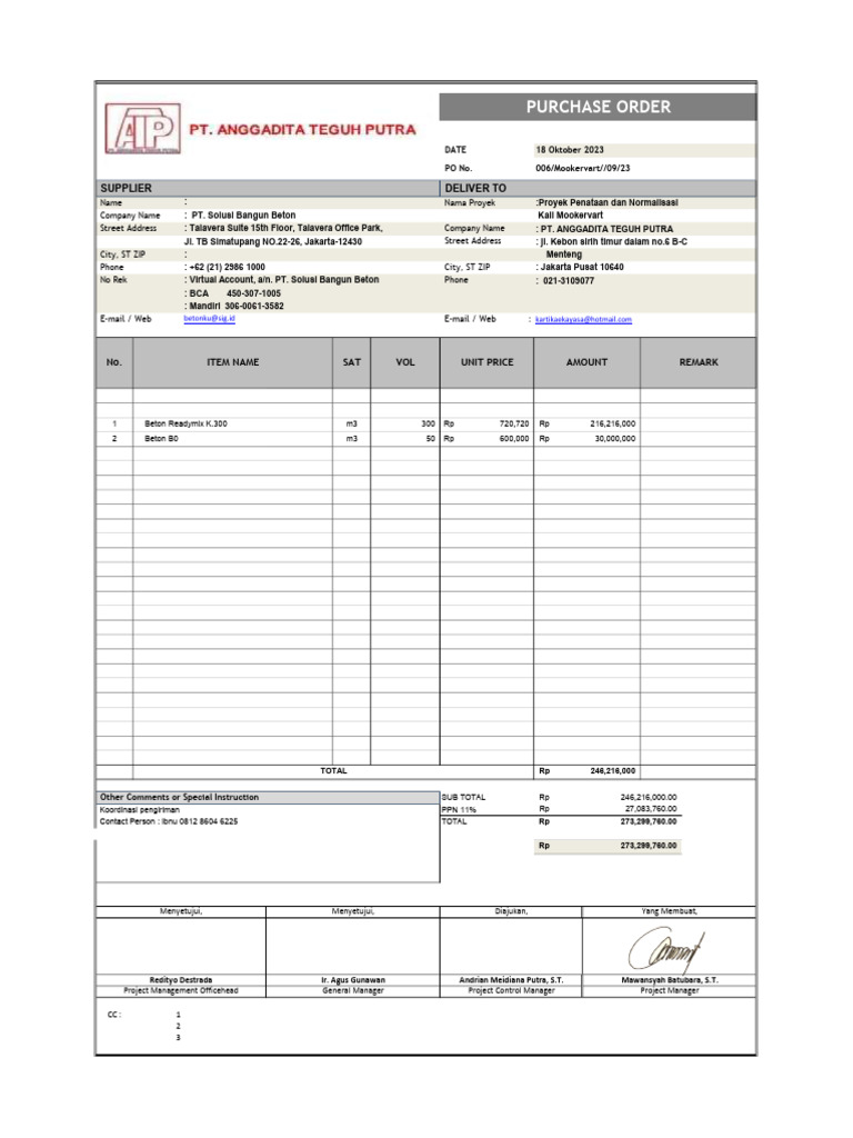 PO Beton untuk Proyek Kali Mookervart | PDF