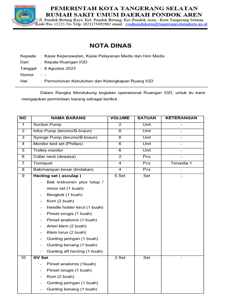 Nota Dinas Permintaan Barang IGD | PDF