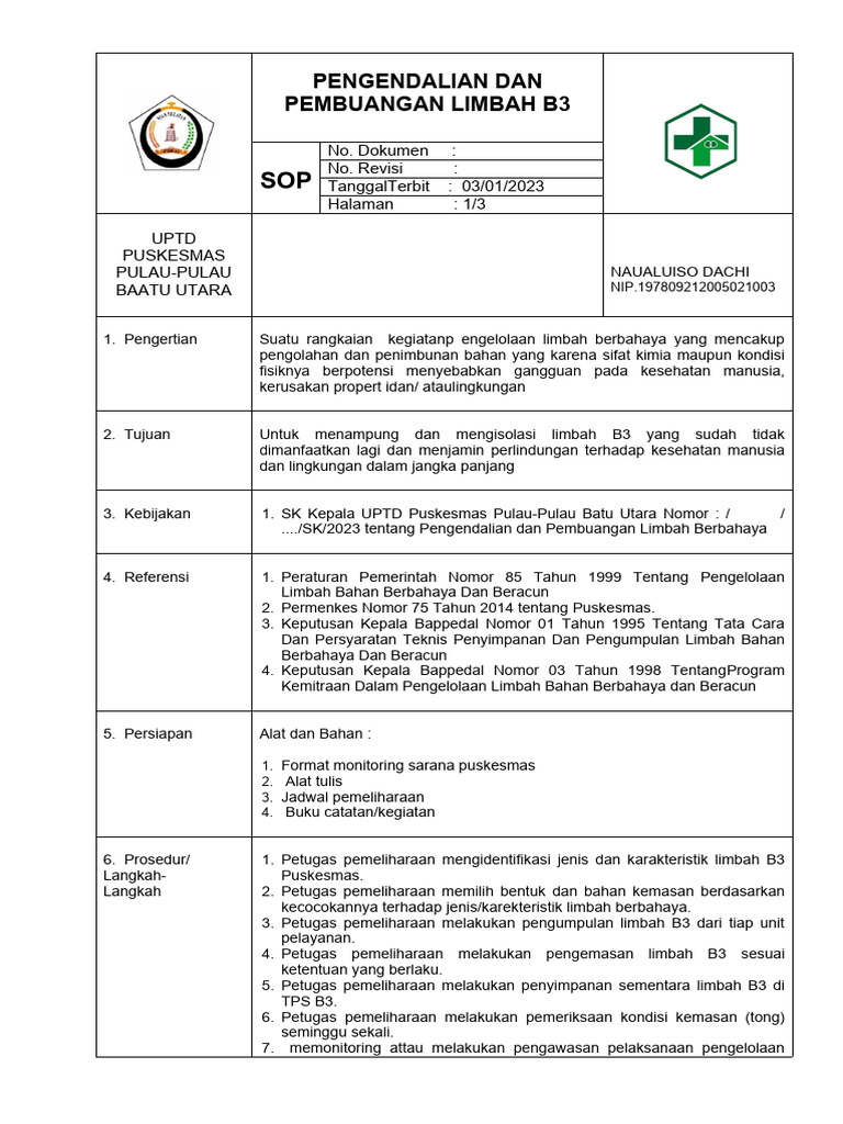 Ridwan1432 SOP PENGENDALIAN PEMBUANGAN B3 | PDF