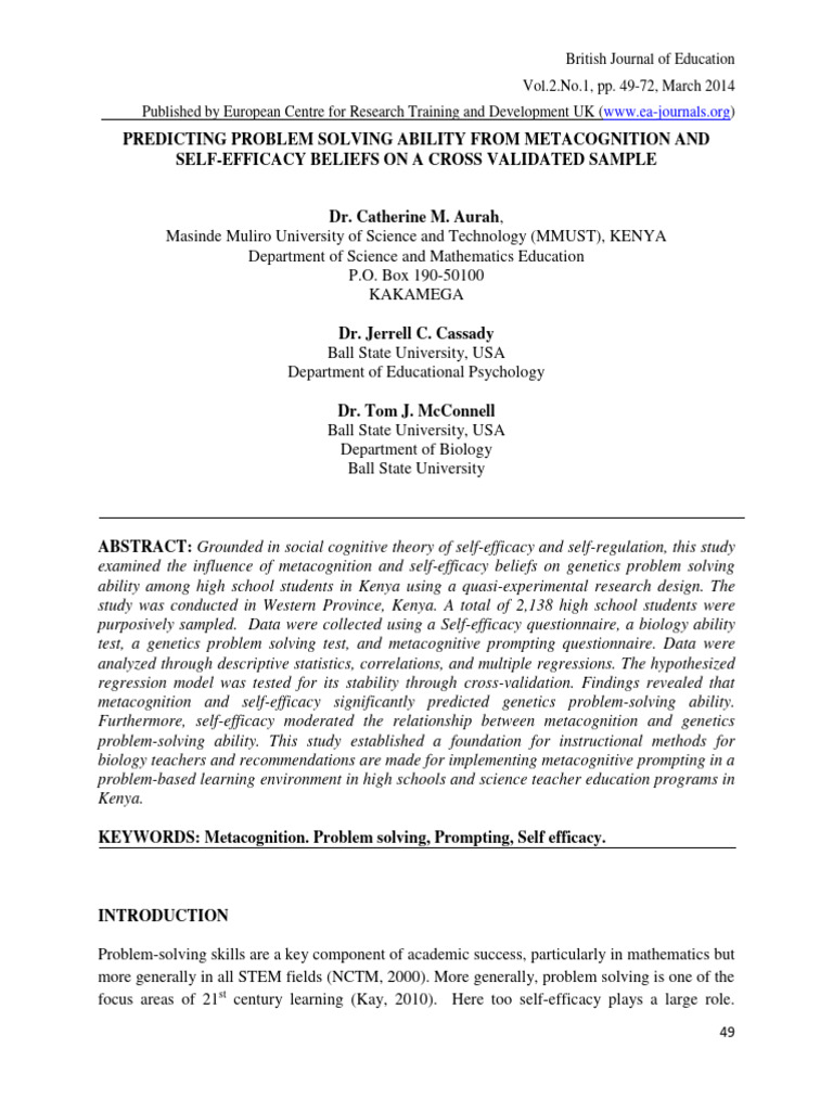 Predicting Problem Solving Ability From Metacognition and Self Efficacy Beliefs On A Cross ...