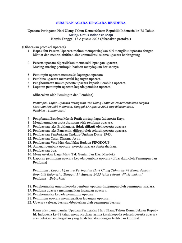 Susunan Acara Hut Ri Ke 78 Fifgroup | PDF | Seni