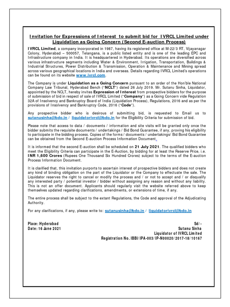 IVRCL- Public Advertisement- EOI-2nd auction | PDF | Bankruptcy ...