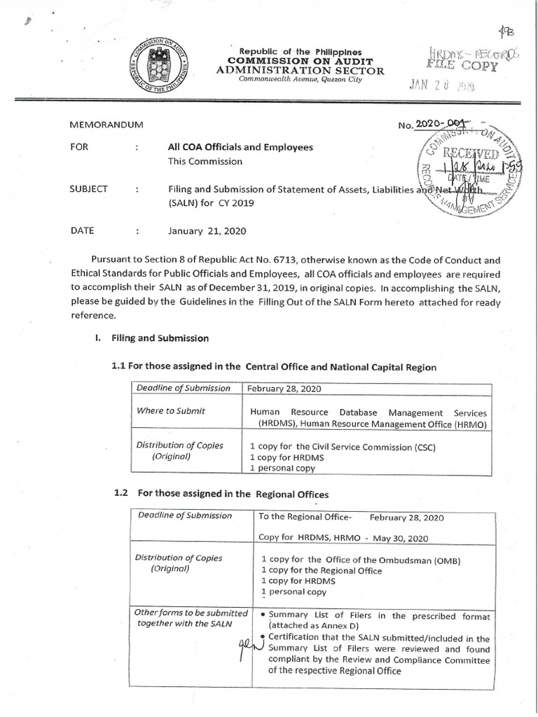 Coa Memo Saln | PDF