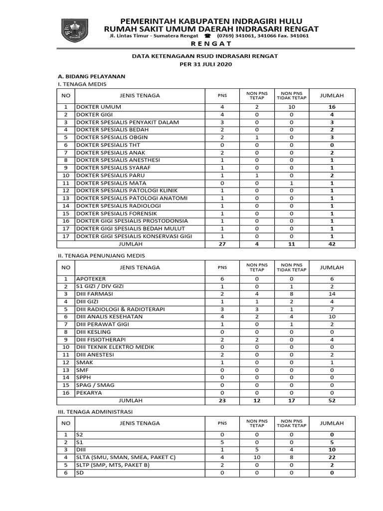 Data Ketenagaan Rsud Juli 2020 Agustus 020 | PDF