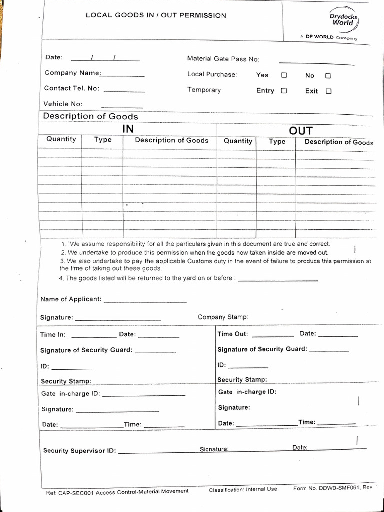 Drydocks World Gate Pass Format | PDF