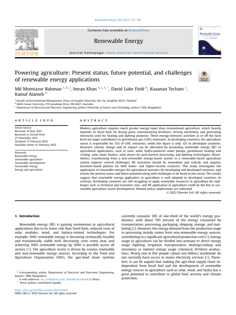 Powering Agriculture Present Status Future Potential and C 2022 Renewable | PDF | Photovoltaics ...