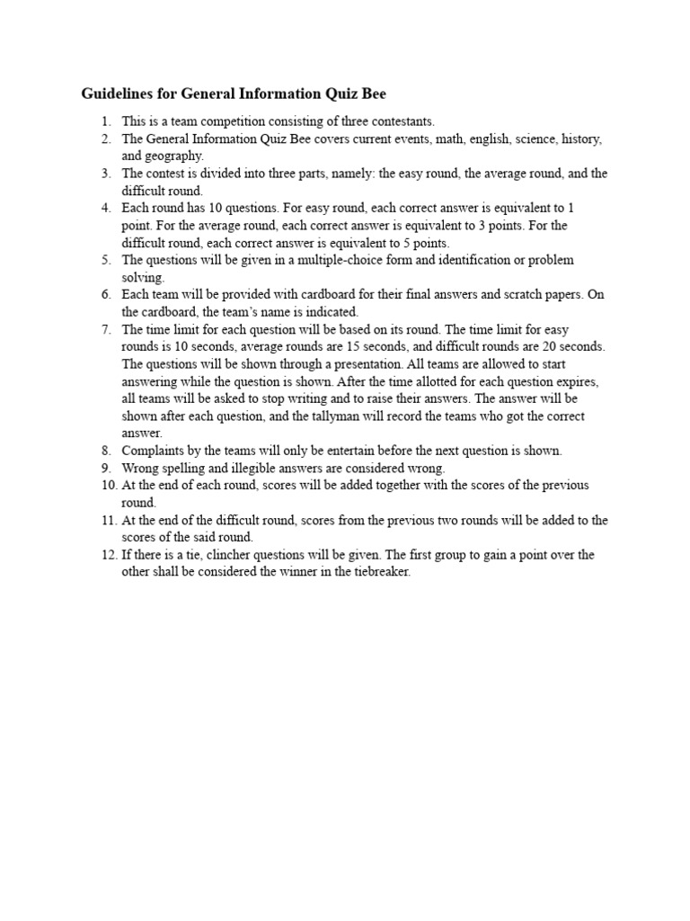 Guidelines For General Information Quiz Bee | PDF
