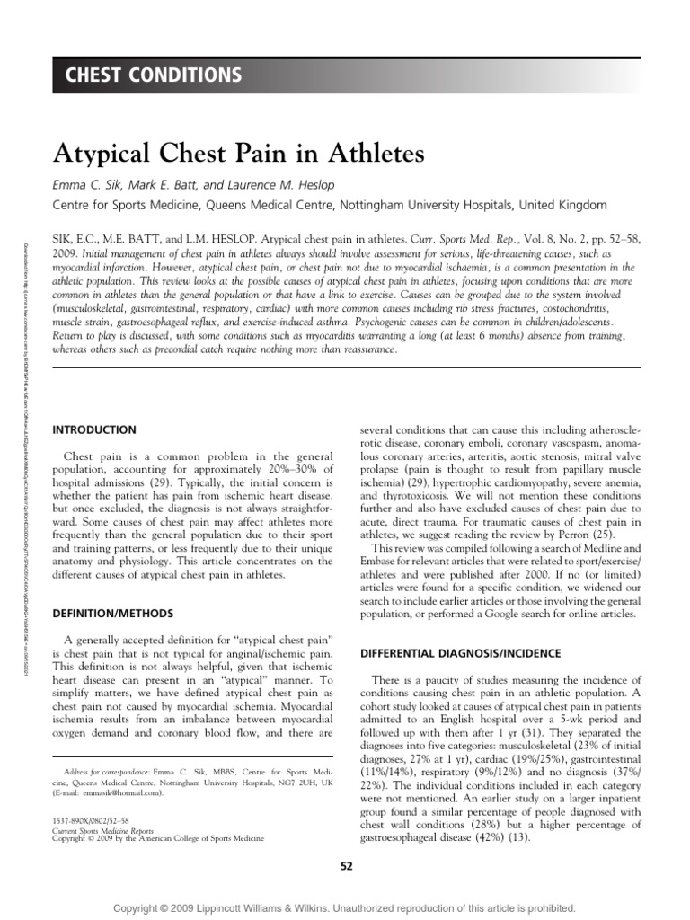 Atypical Chest Pain in Athletes - Article. | PDF | Thorax ...
