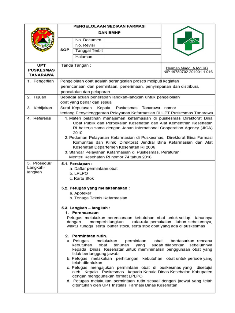 Sop Pengelolaan Sediaan Farmasi Dan BHP (Fix) Juni | PDF
