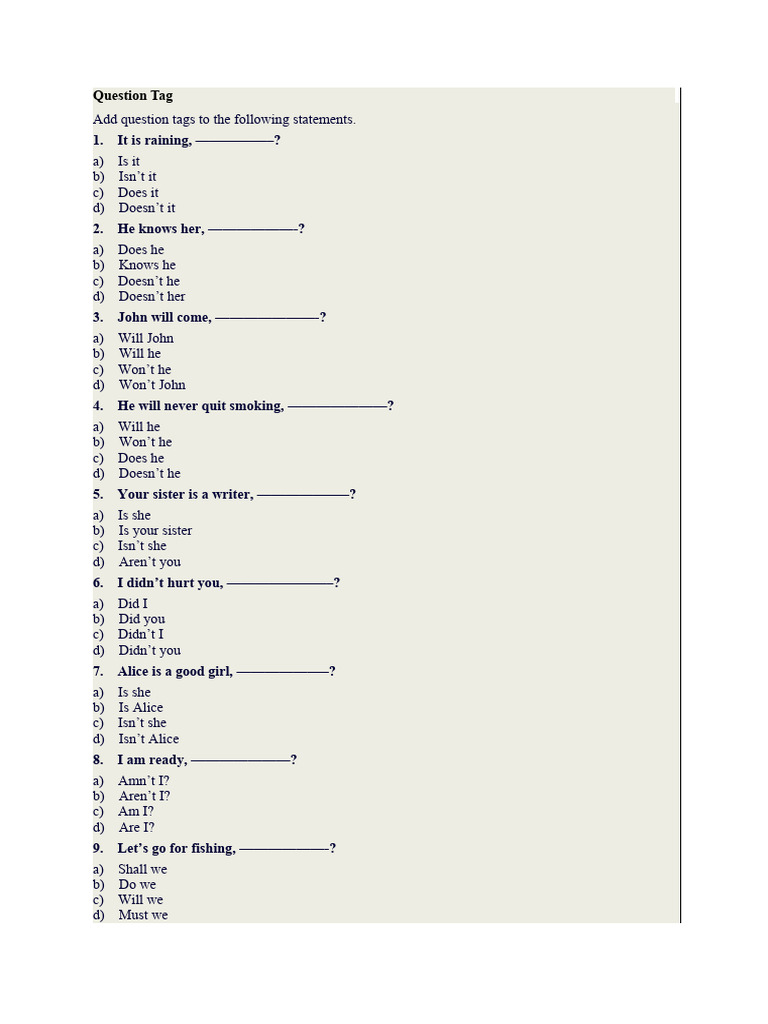 Question Tag Exercises with Answers | PDF | Language Arts & Discipline