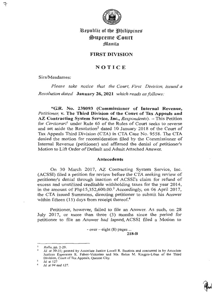 Commissioner of Internal Revenue v. Third Division of The Court of Tax ...