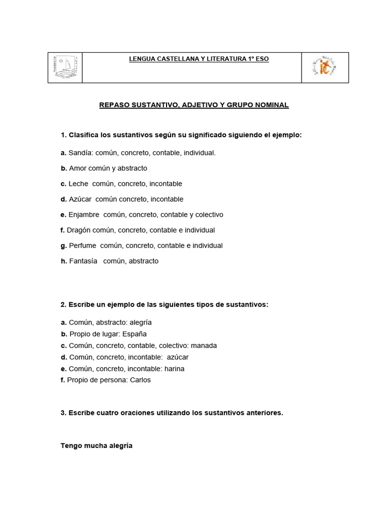 Repaso Sustantivo, Adjetivo y G. Nominal | PDF | Adjetivo | Sustantivo