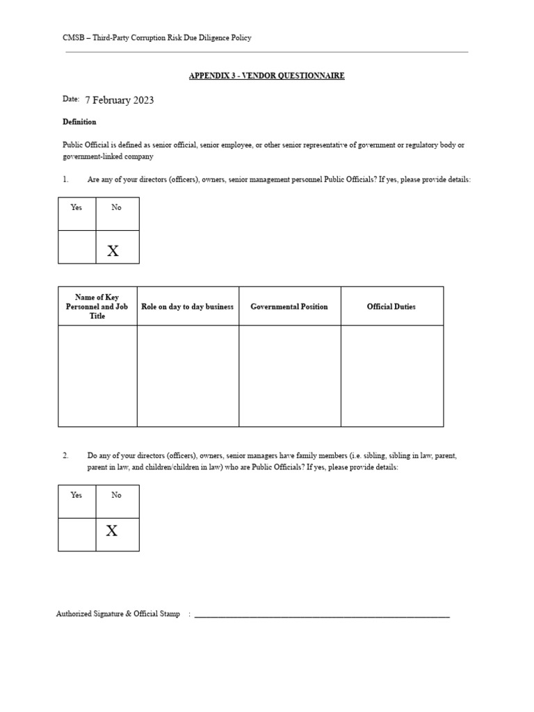 Appx.3 - Vendor Questionnaire | PDF