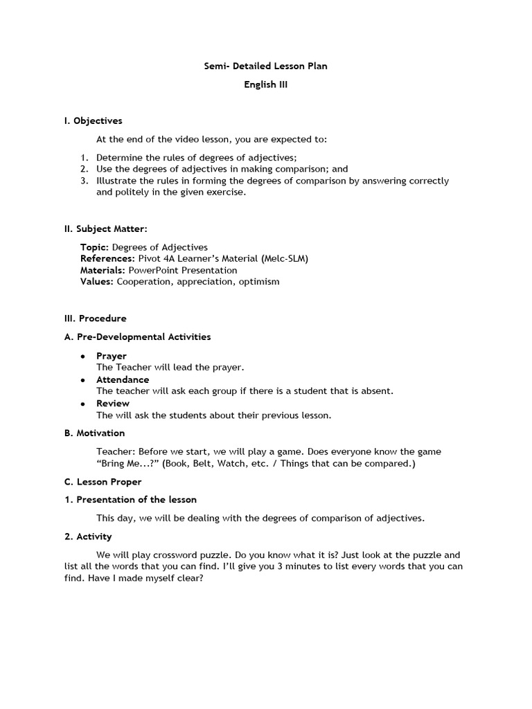 Semi Detailed Lesson Plan English I I I | PDF | Adjective | Human ...