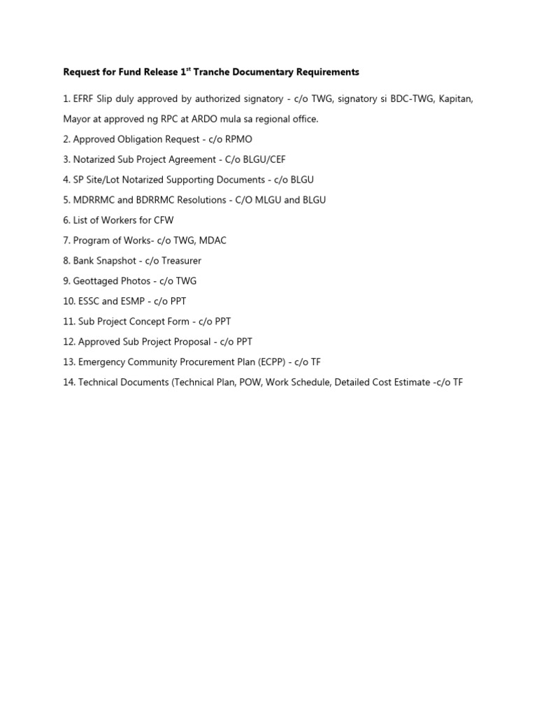 Request for Fund Release 1st Tranche Documentary Requirements Planning ...