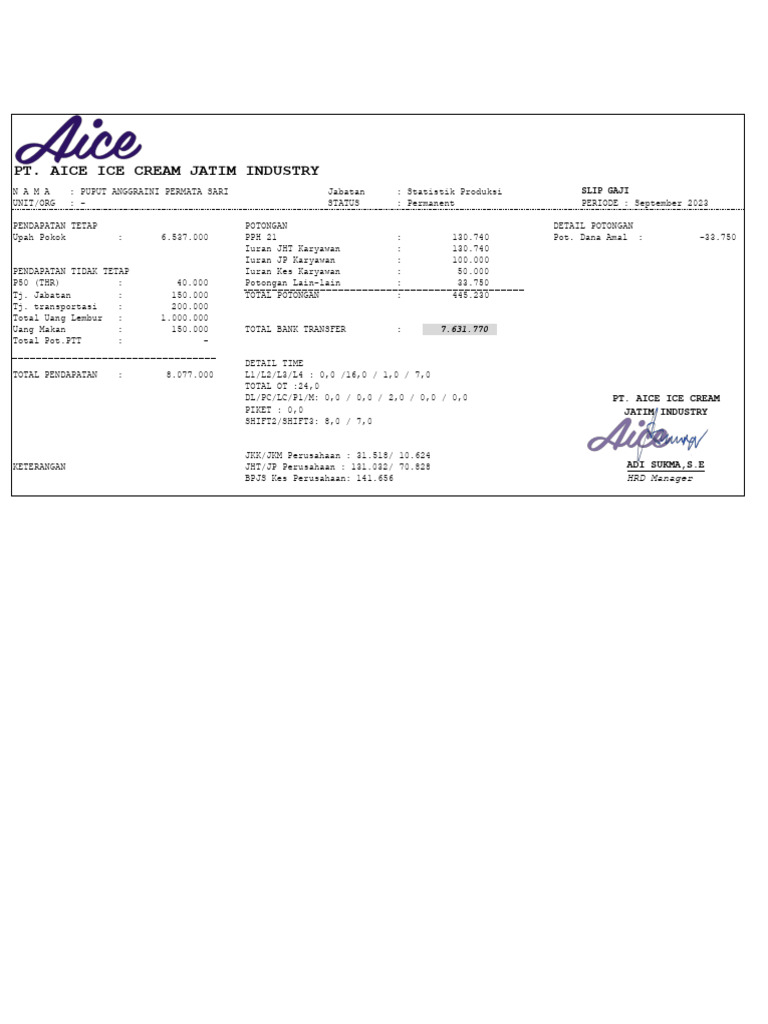 Slip Gaji September 2023 PT AICE | PDF