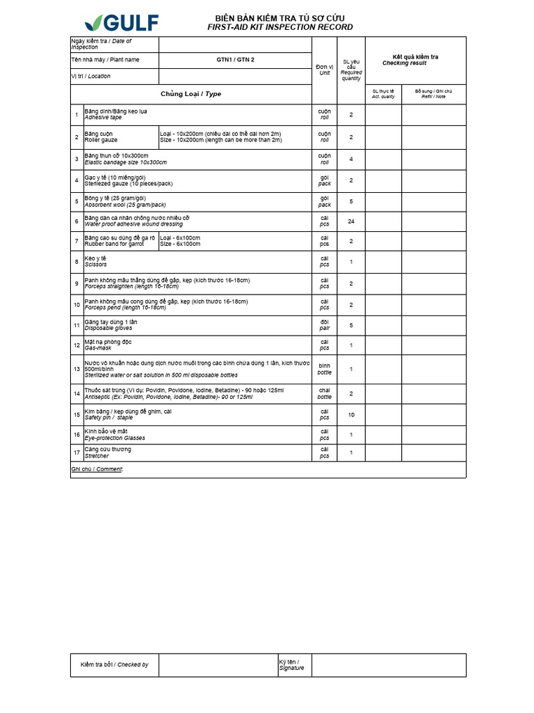 Checklist Form - First-Aid Box Inspection Record - Kiểm Tra Túi Sơ Cấp ...