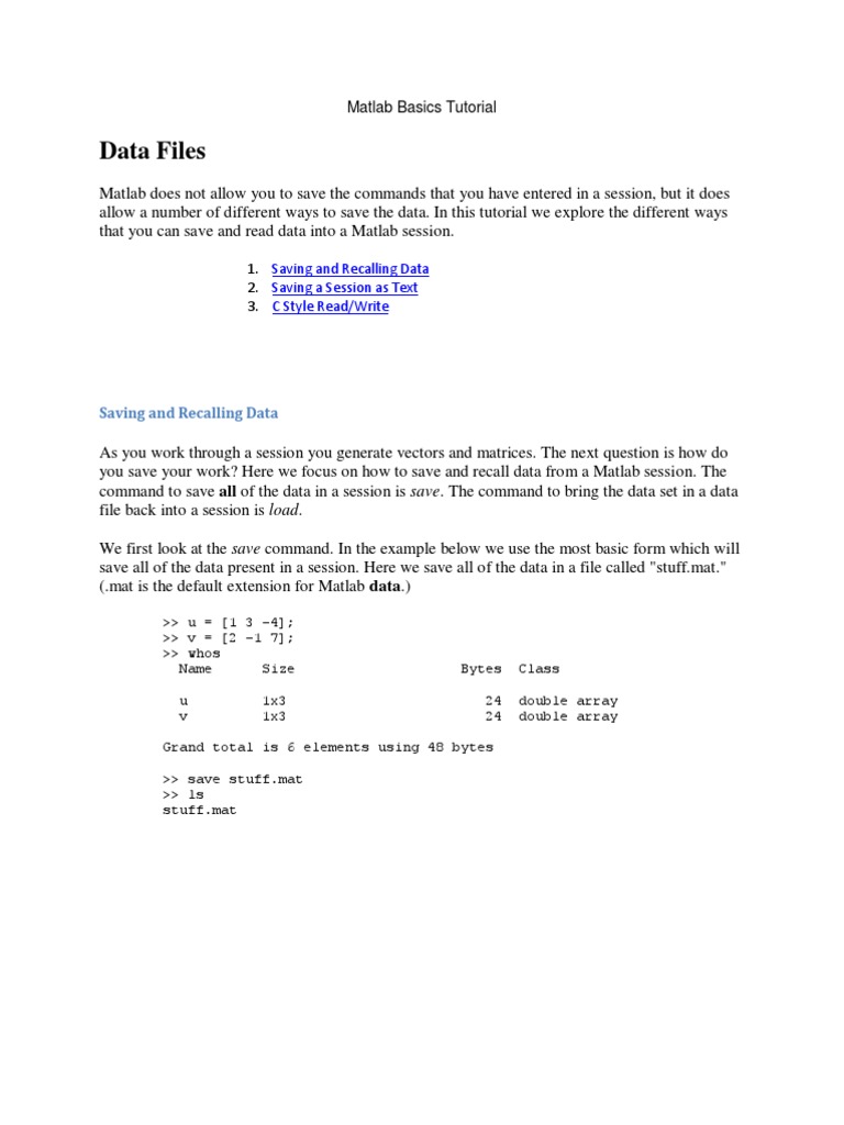 Data Files: Matlab Basics Tutorial | PDF | Matrix (Mathematics) | Matlab