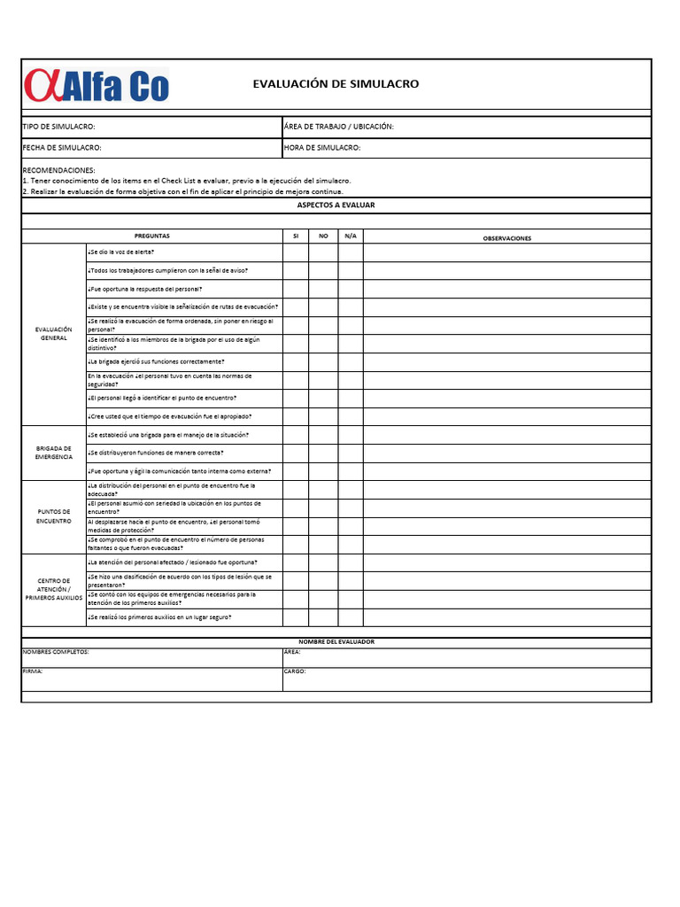 Formato de Evaluación de Simulacro (2) | PDF | Primeros auxilios