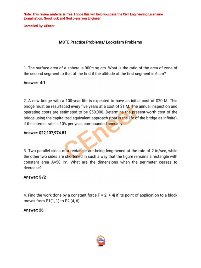 100 MSTE Problems Prepared by CEneer | PDF | Belt (Mechanical) | Area