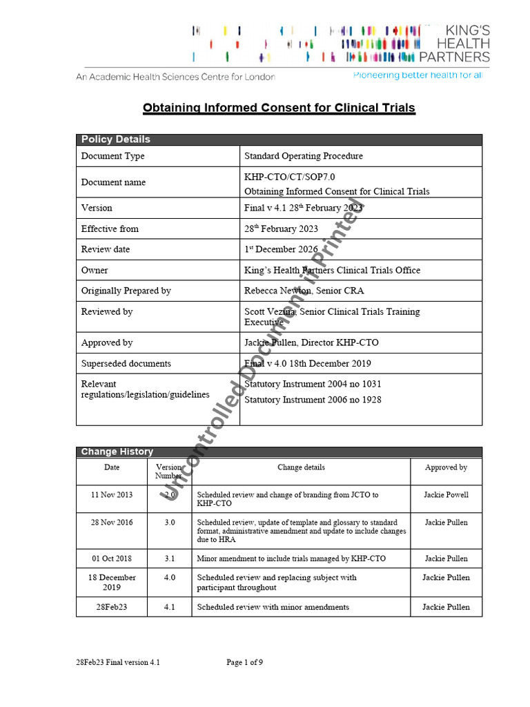 7.0 Obtaining Informed Consent v4.1 | PDF | Informed Consent | Clinical ...